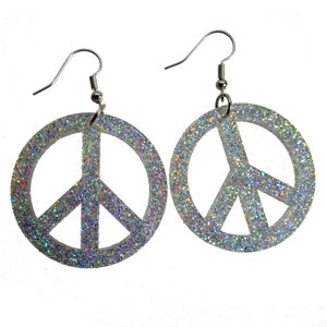 Big Iridescent Glittery Peace Sign Hippie Dangle Earrings, Hippy Peace ...