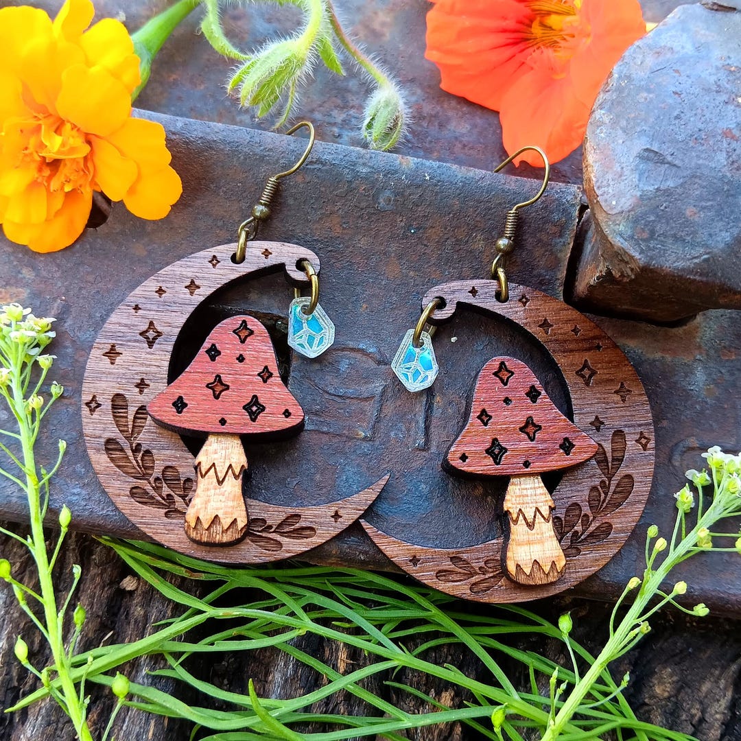 Whimsical Cottage Fae Magical Mushroom Moon Dangle Earrings, Woodland ...