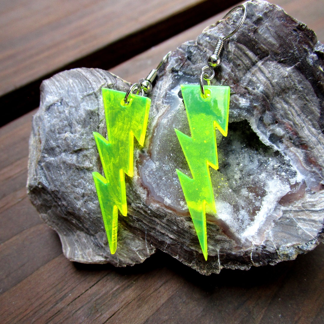 Large Neon Yellow Thunder Bolt Earrings *glows in Black Light* Rave ...