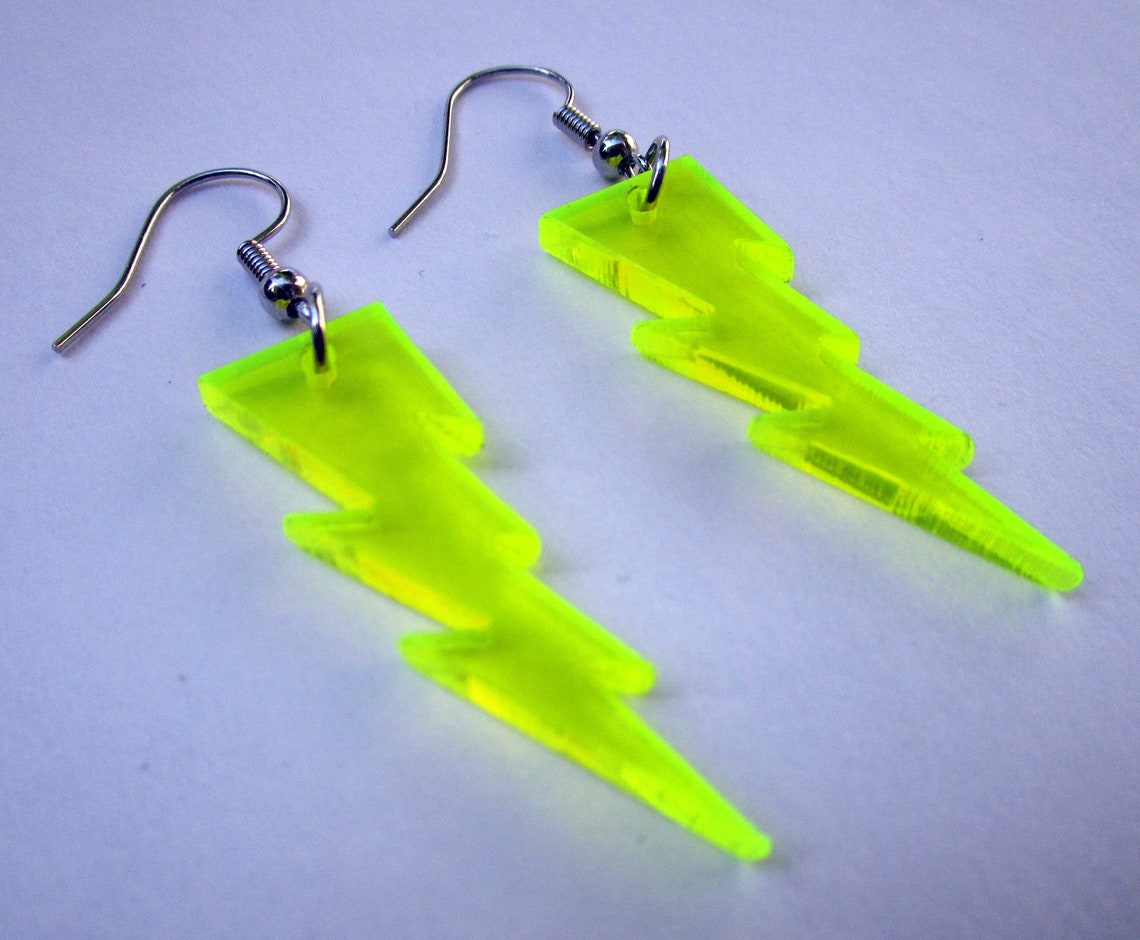 Large Neon Yellow Thunder Bolt Earrings *glows in Black Light* Rave ...