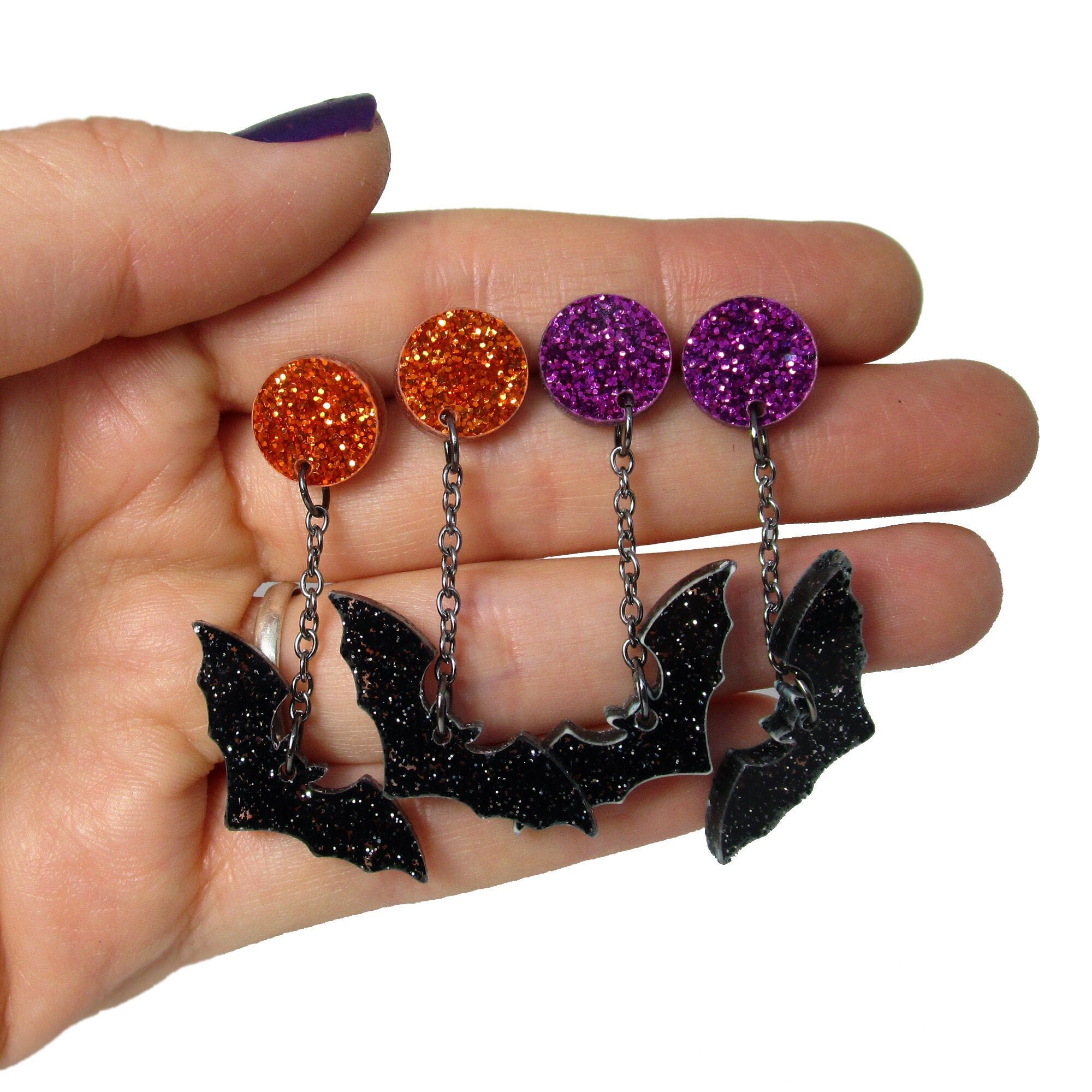 Halloween Black Glitter Bats With Orange or Purple Dangle Stud | Etsy