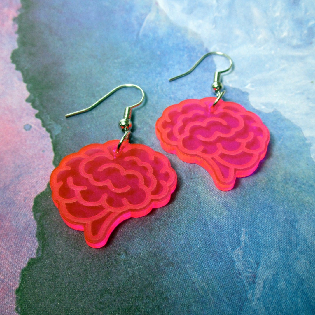 Neon Pink Zombie Tasty Brains Dangle Earrings, Smart Thinking Halloween ...