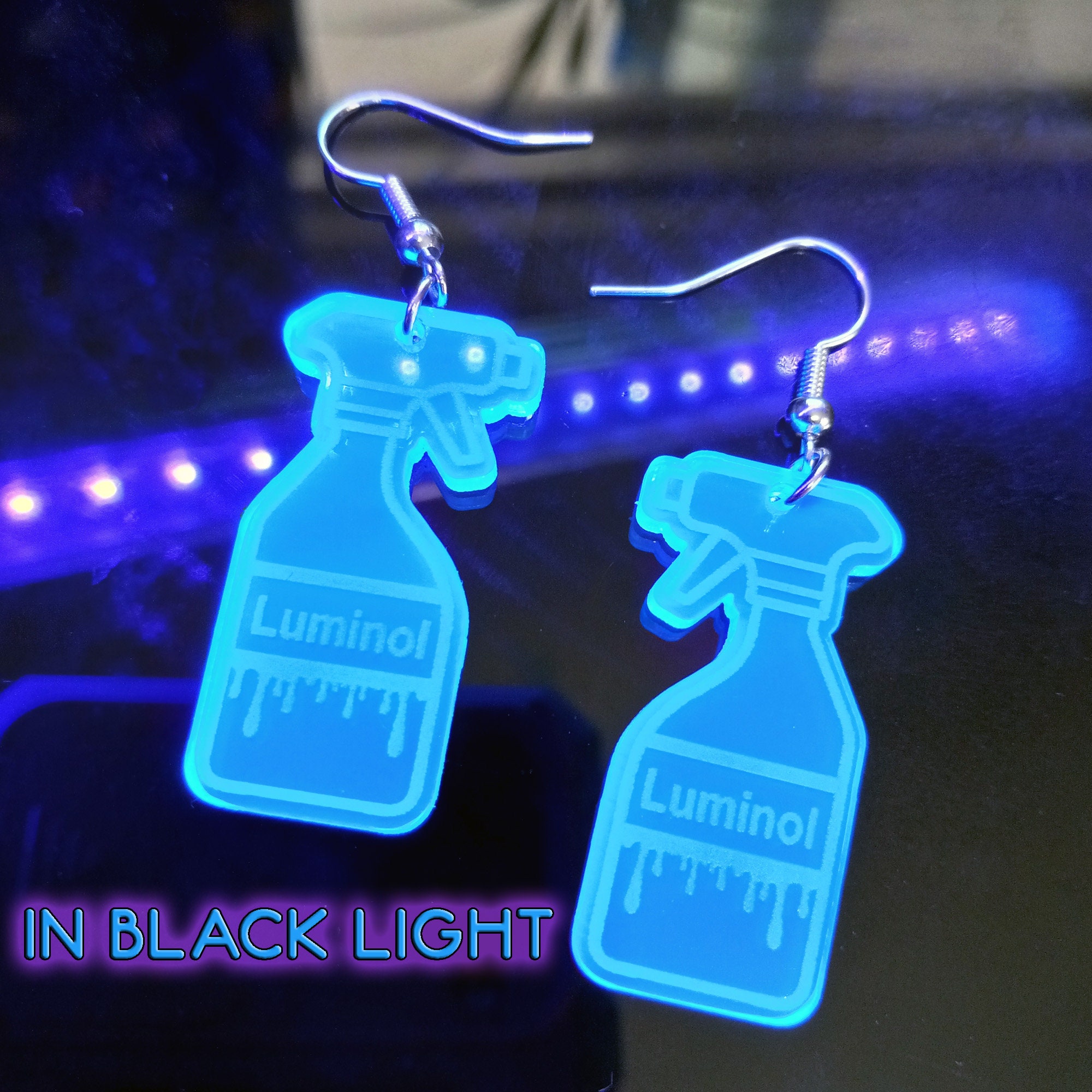 Fluorescent Blue Luminol Spray Bottle Earrings, CSI Jewelry - Etsy
