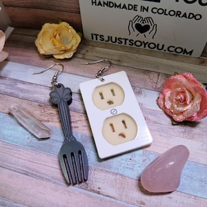 Funny Mismatch Fancy Fork & Outlet Socket Weird Earrings, Electrician ...