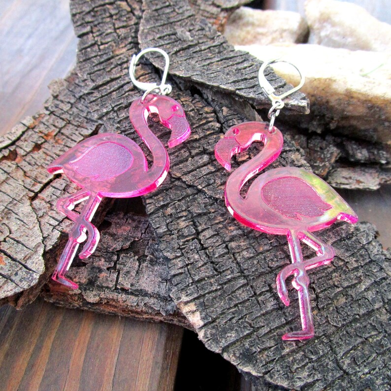 Big Pink Flamingo Earrings With Lever Back Clasps Hula Luau | Etsy