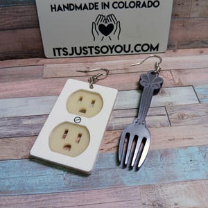 Funny Mismatch Fancy Fork & Outlet Socket Weird Earrings, Electrician ...
