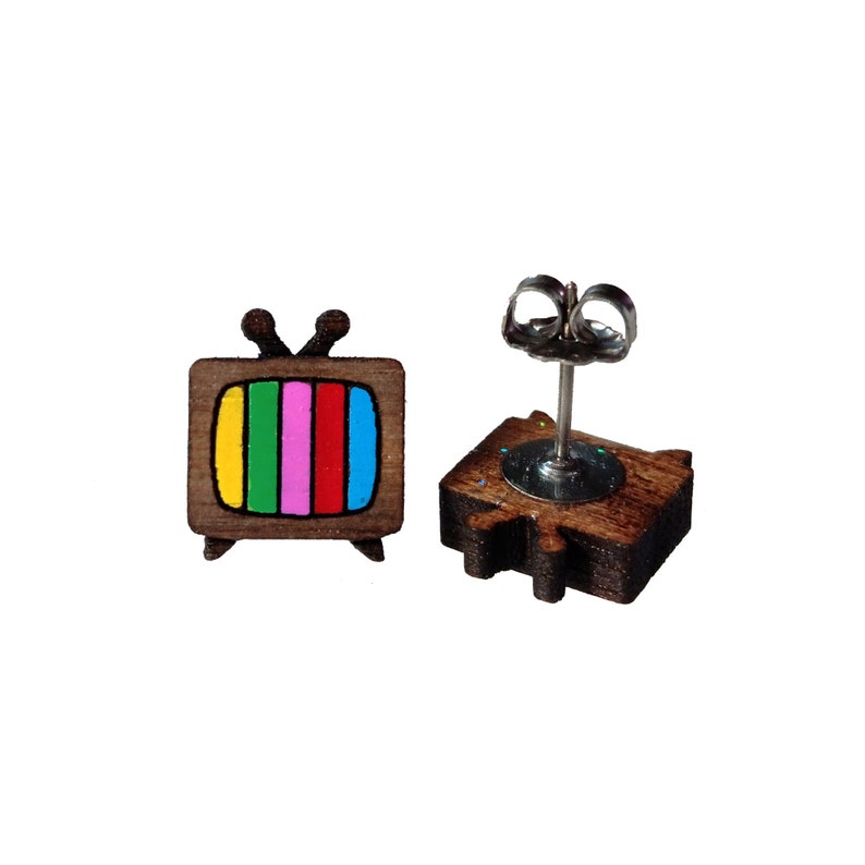 Little Retro CRT TV Color Test Bars Wood Stud Earrings, Tiny Vintage ...