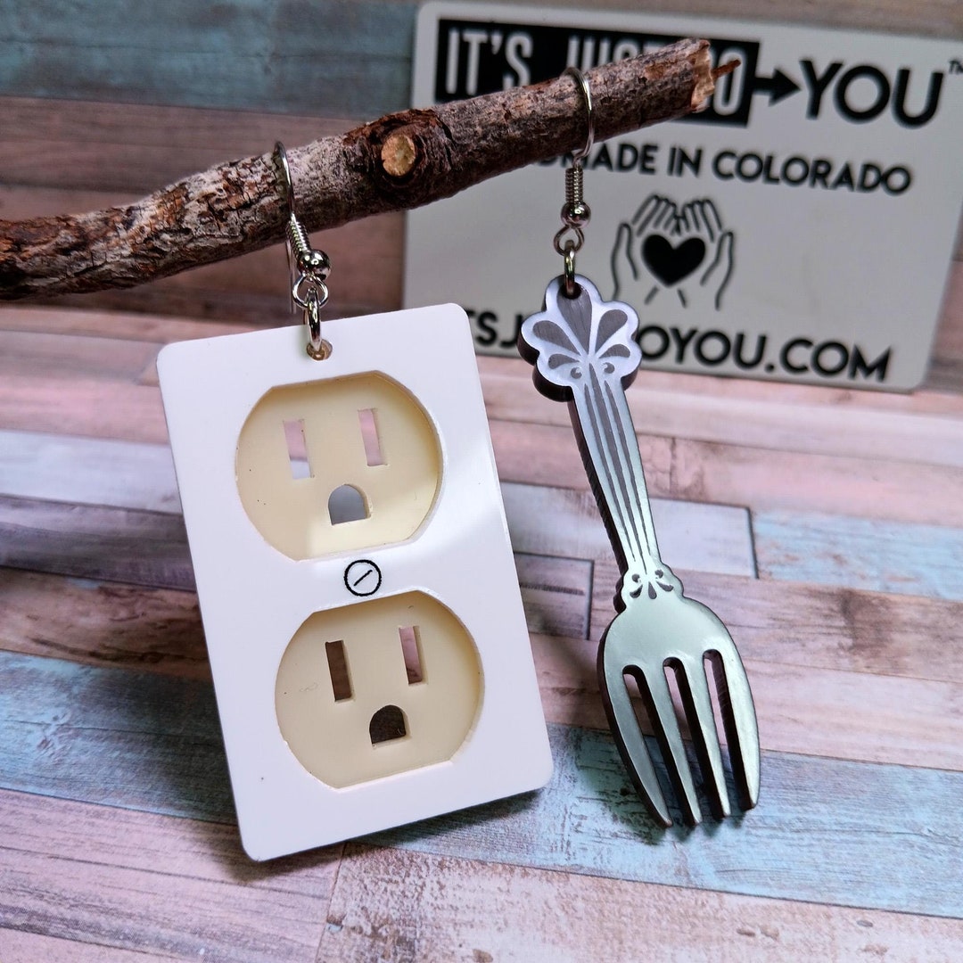 Funny Mismatch Fancy Fork & Outlet Socket Weird Earrings, Electrician ...