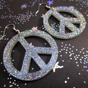 Big Iridescent Glittery Peace Sign Hippie Dangle Earrings, Hippy Peace ...