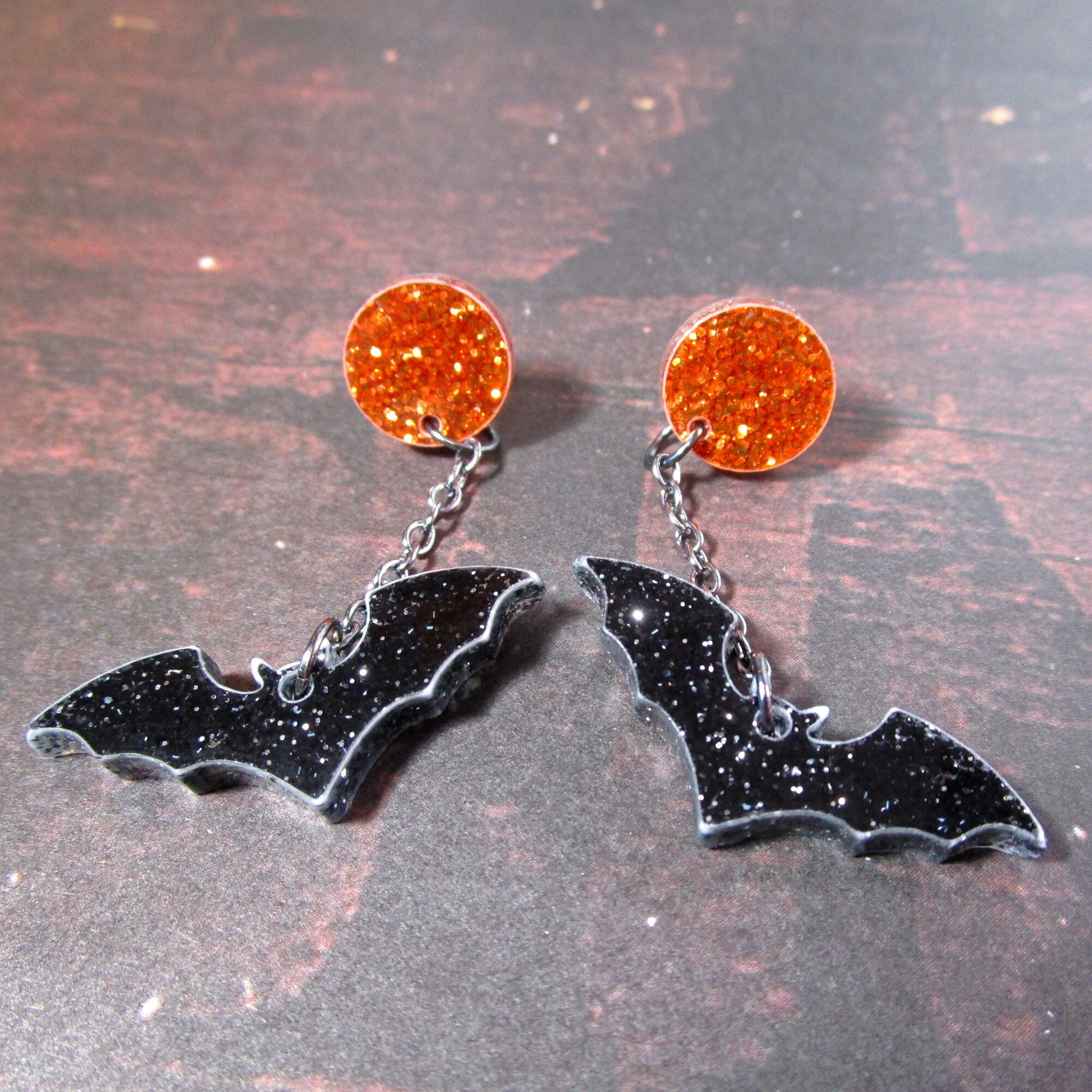 Halloween Black Glitter Bats With Orange or Purple Dangle Stud | Etsy