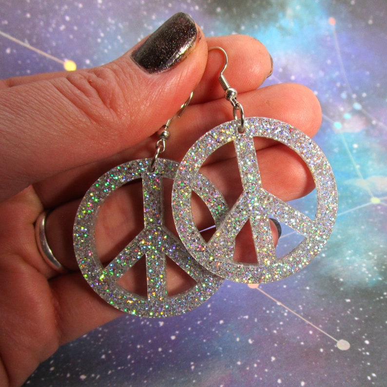 Big Iridescent Glittery Peace Sign Hippie Dangle Earrings - Etsy