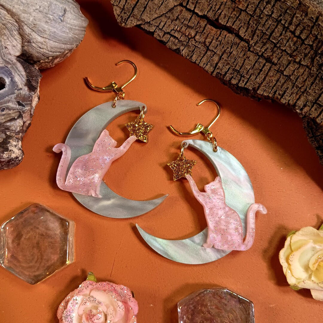 Big Dreamy Pearlescent Crescent Moon Pink Cat Dangle Earrings, Large ...