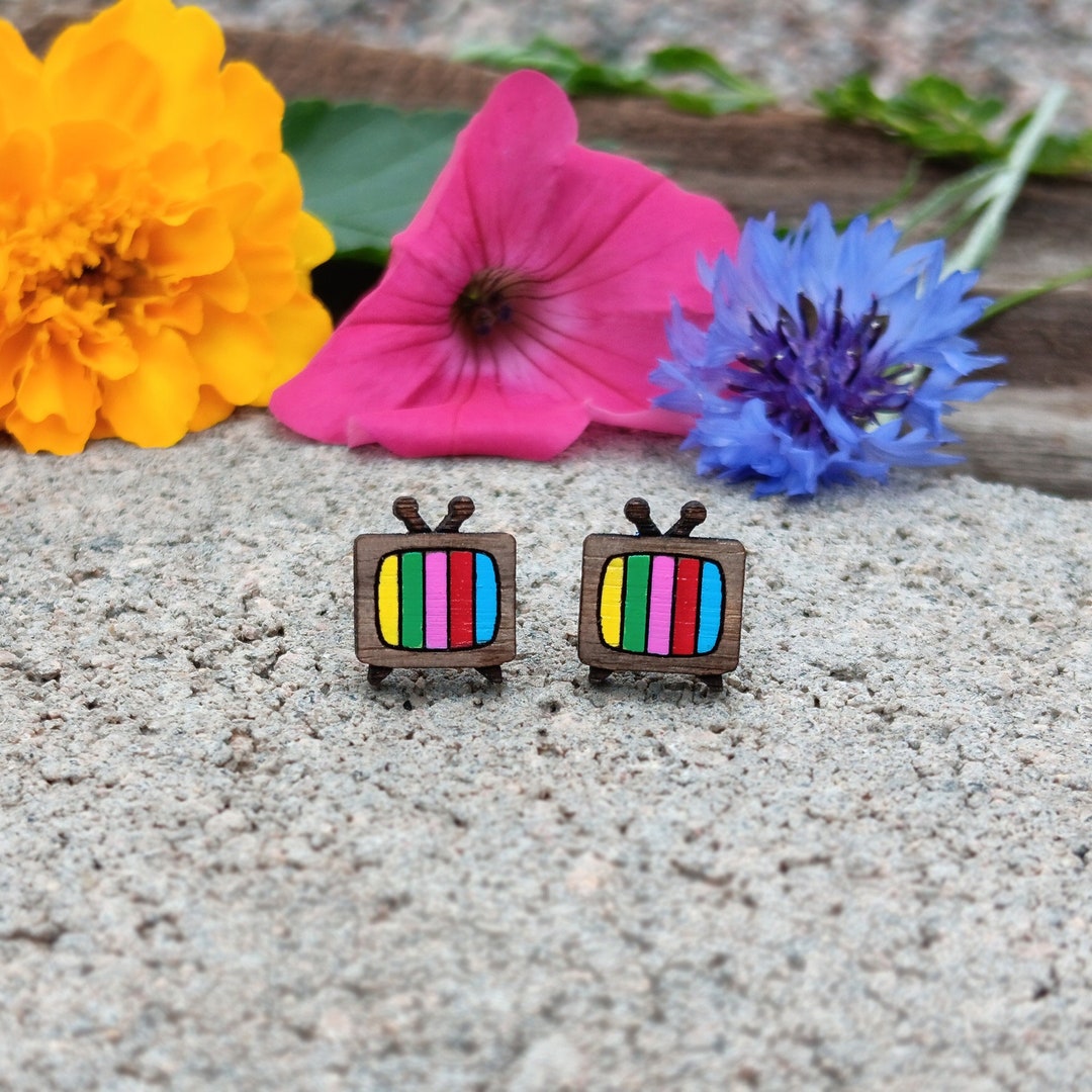 Little Retro CRT TV Color Test Bars Wood Stud Earrings, Tiny Vintage ...