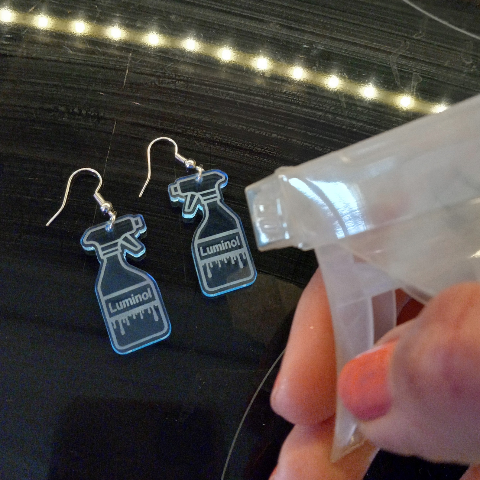 Fluorescent Blue Luminol Spray Bottle Earrings, CSI Jewelry - Etsy