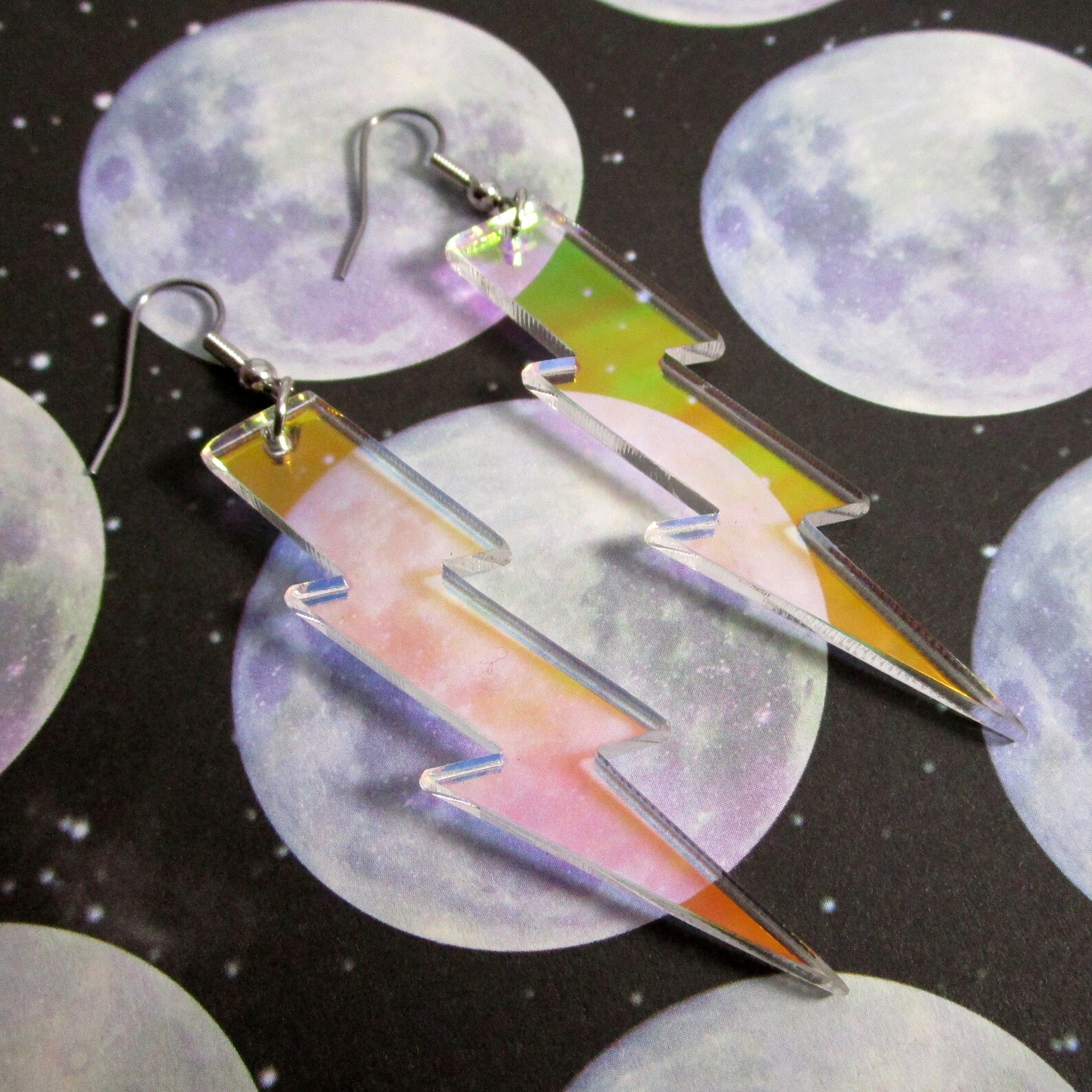 Big Iridescent Lightning Bolt Dangle Earrings, Large Long Lightning ...