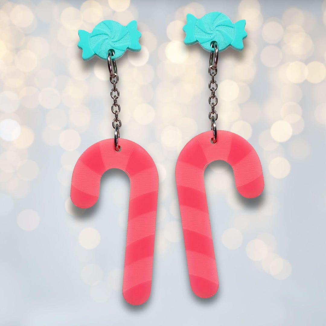 Pastel Mint and Pink Holiday Candy Cane Dangle Stud Earrings, Christmas ...