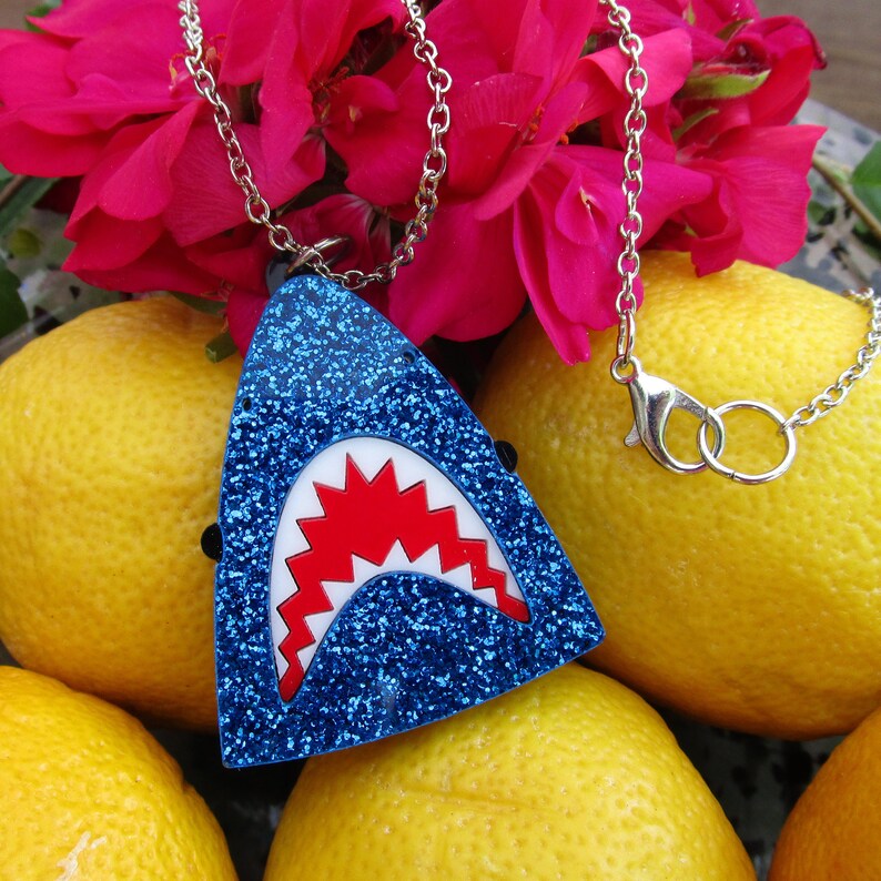 Jaws Shark Head Blue Glitter Pendant Necklace, Jaws Movie Summertime ...