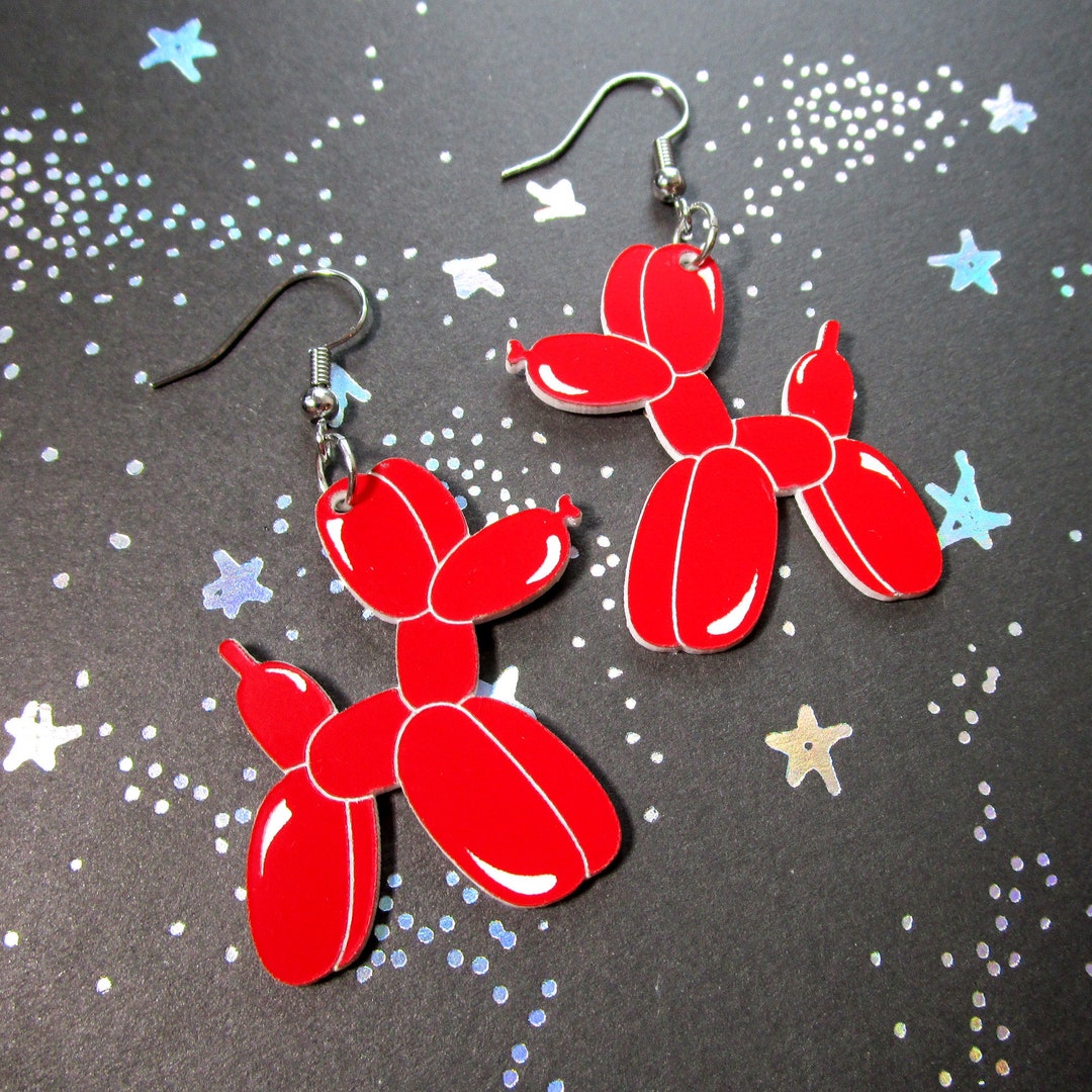 Red Dog Balloon Animal Shape Sculpture Dangle Earrings, Balloon Artists ...