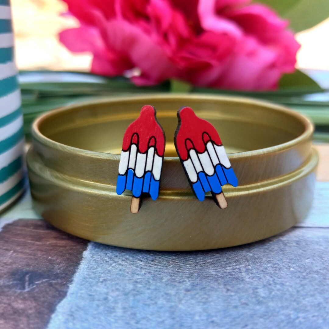 USA Rocket Pop Summer Stud Earrings, Hand Painted American Flag Wood ...