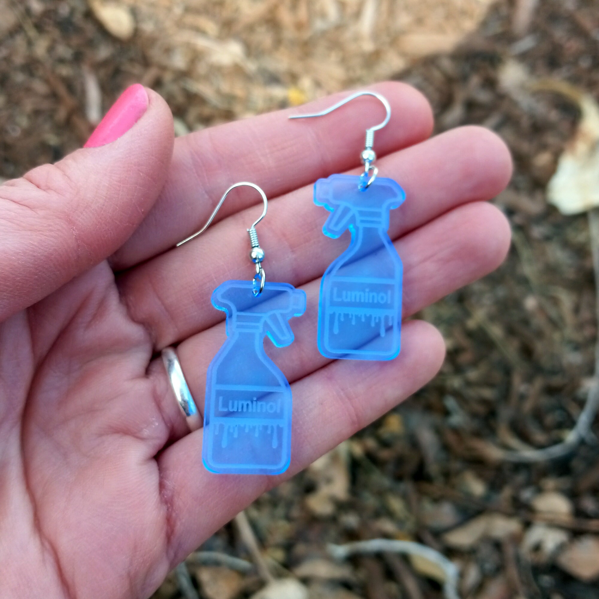 Fluorescent Blue Luminol Spray Bottle Earrings, CSI Jewelry - Etsy