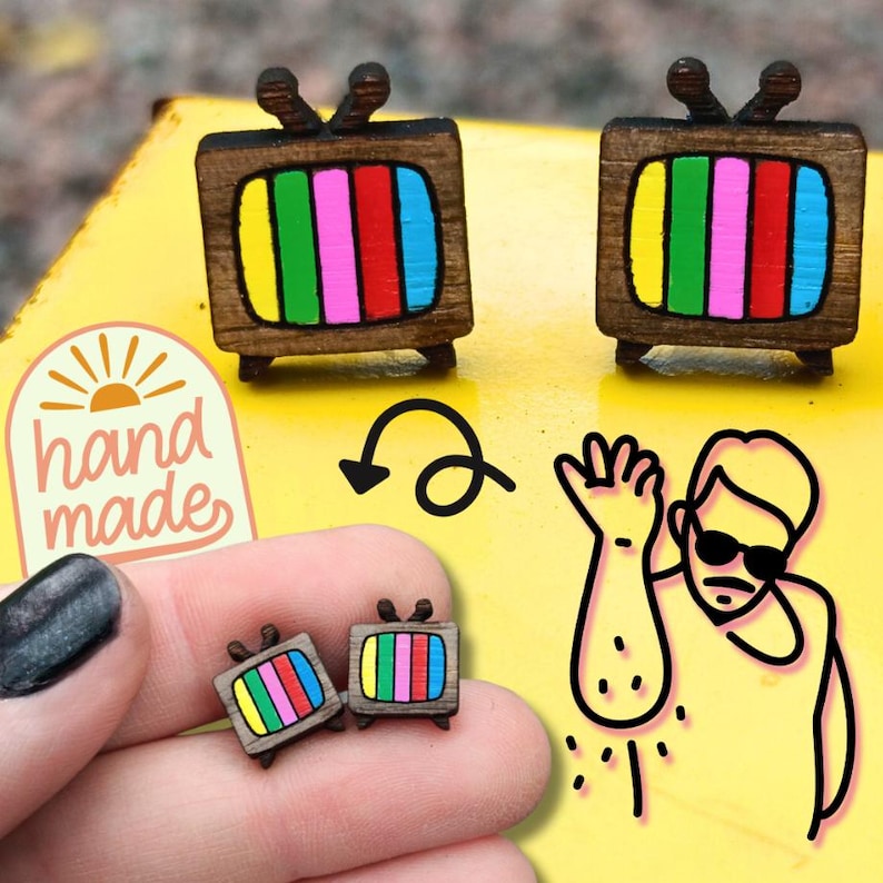 Little Retro CRT TV Color Test Bars Wood Stud Earrings, Tiny Vintage ...