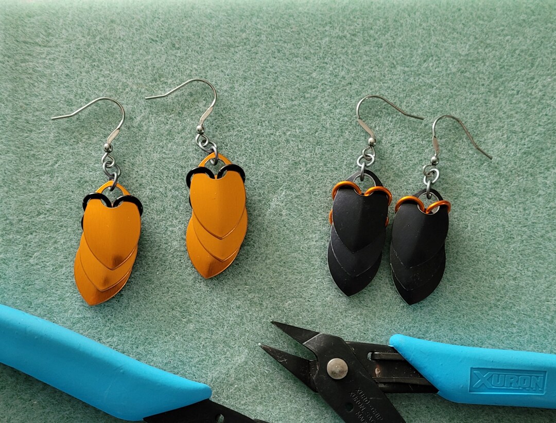 Spooky Linear Dragon Scale Black and Orange Dangle Earrings - Etsy