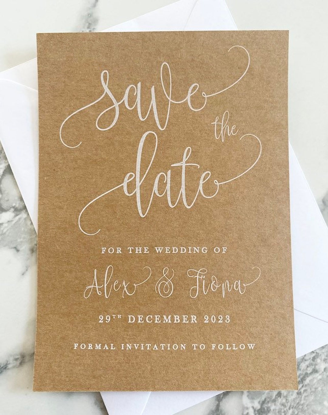 White Ink Kraft Brown Save the Date - Etsy
