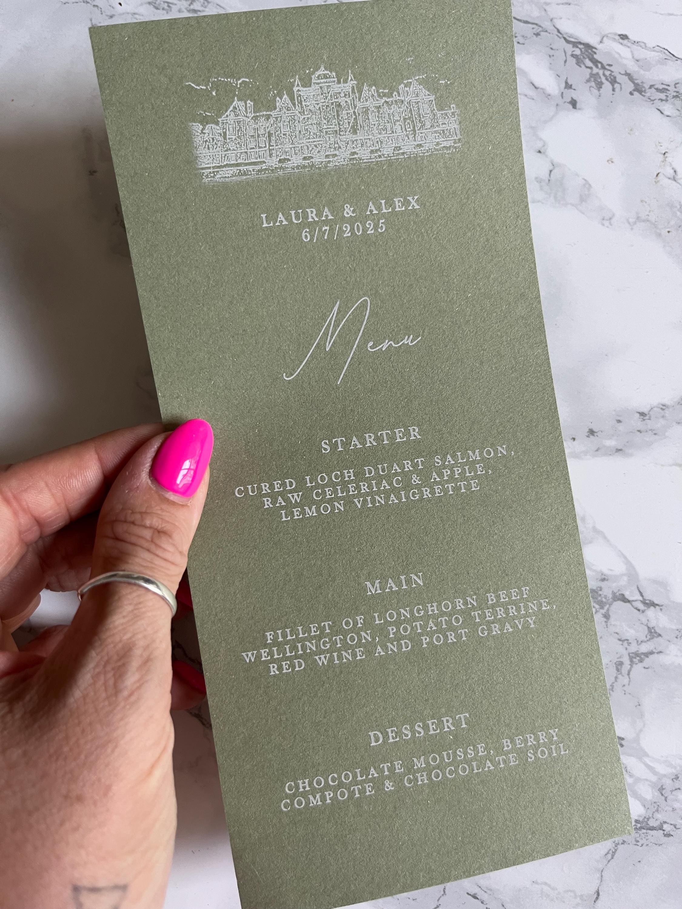 Sage Green Wedding Menu With Venue Sketch Without Place Card on the Day ...