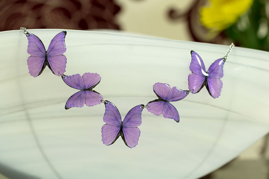 Purple Butterflies Necklace. Handmade, Statement Jewelry. Steel Chain ...