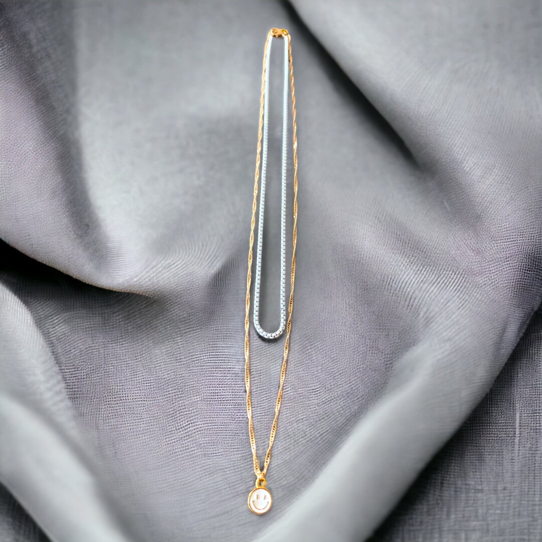 Teen Girl Necklace Set of 2, Happy Face Pendant Necklace, Enamel Box ...