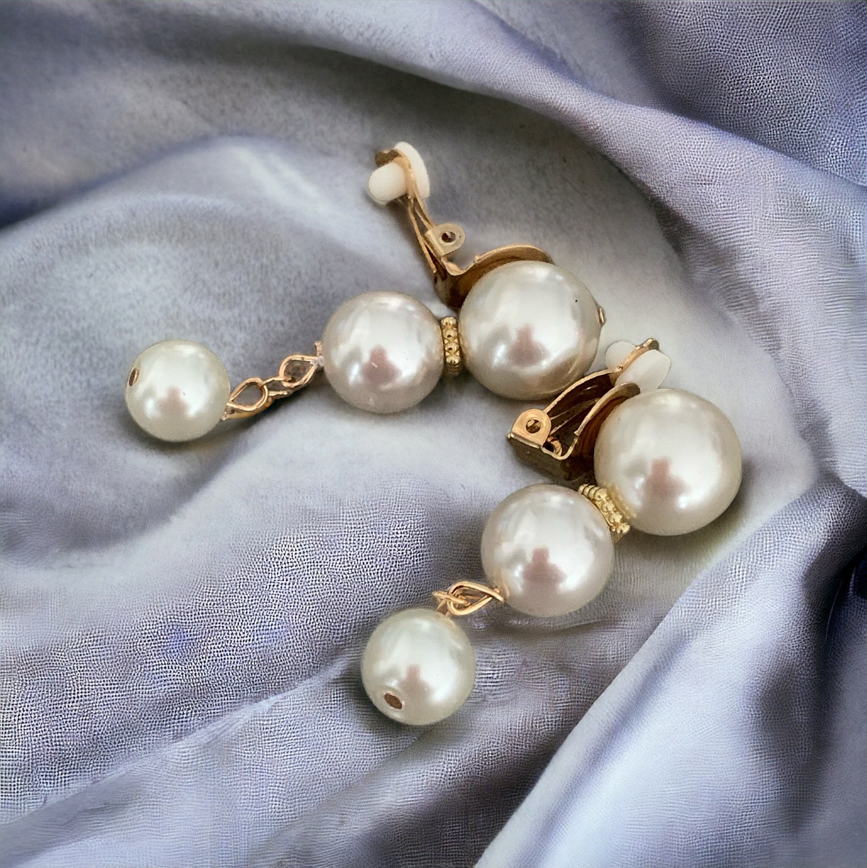 Three Tier Pearl Clip on Earrings, Clip on Earrings, Clip on Pearl Drop ...