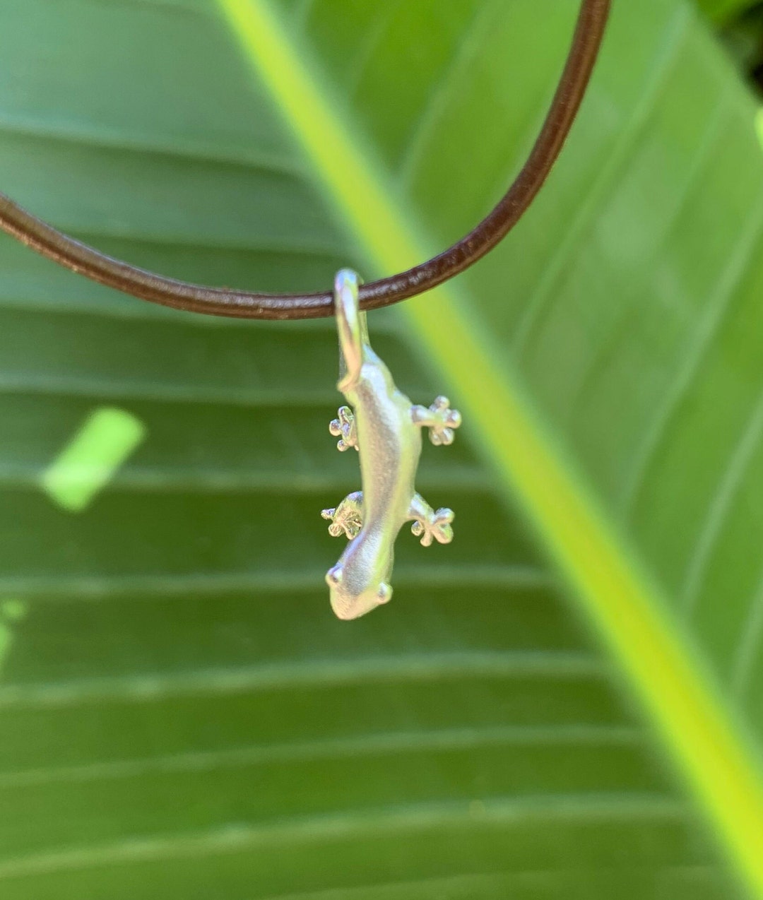 Slender Gecko Pendant | Sterling Silver W Leather Cord Necklace | Cool ...