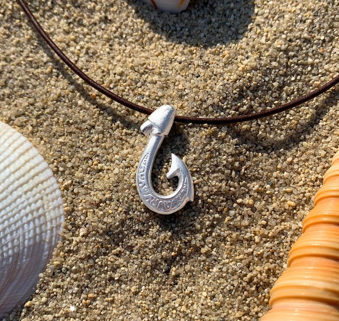 Hawaiian Fish Hook Sterling Silver Pendant W Leather Cord Necklace ...