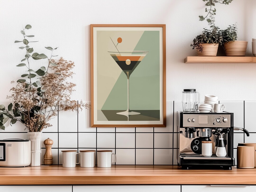 Retro Cocktail Glass Print – Mid Century Bar Cart Wall Art in Green ...
