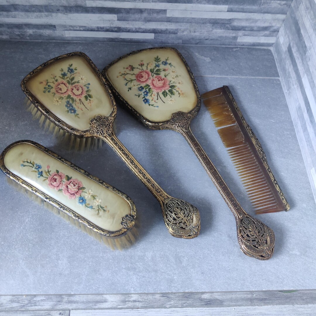 Pair of Embroidered Dressing Table Brushes, Hand Mirror and Comb - Etsy