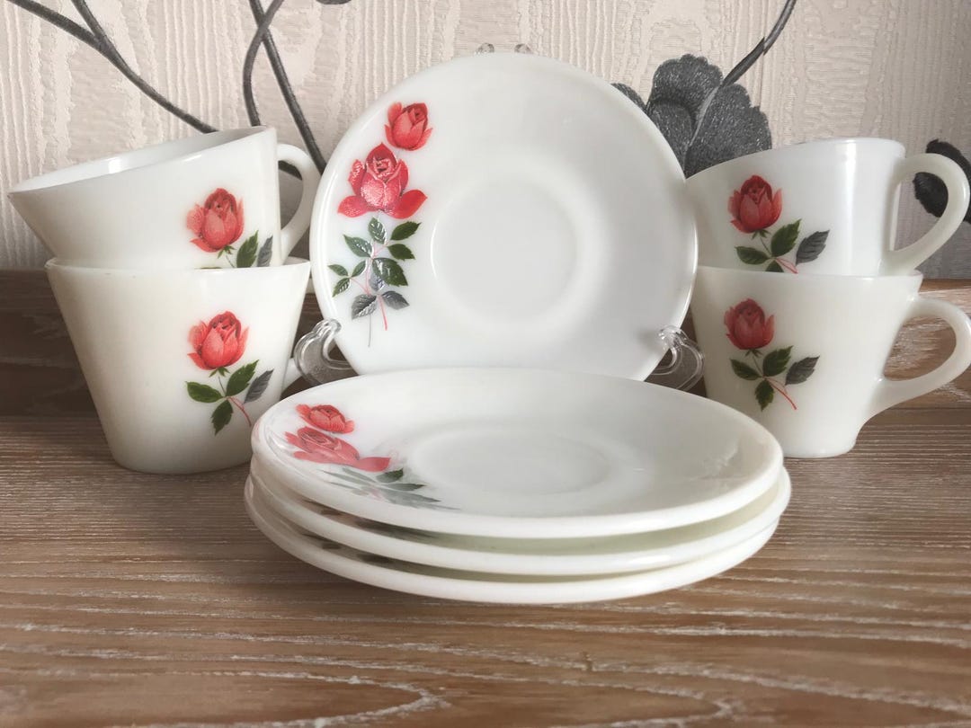 Set of 4 JAJ Pyrex Tea Cup and Saucers in June Rose Design - Etsy