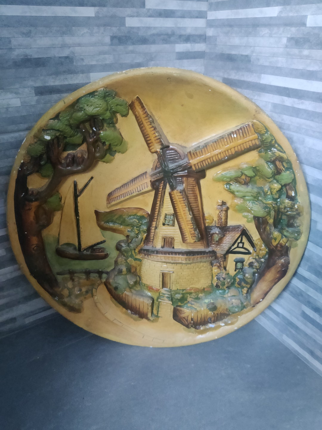 Windmill Scene Large Chalkware Wall Hanging / Plaque Made in - Etsy