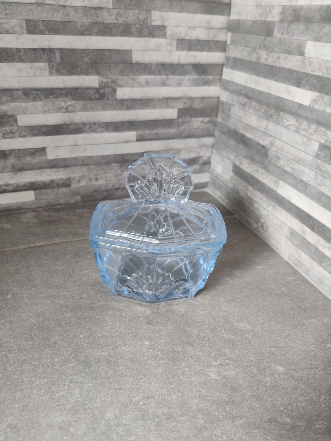 SMALL Art Deco Blue Glass Trinket Dish, Dressing Table, Pressed Glass ...