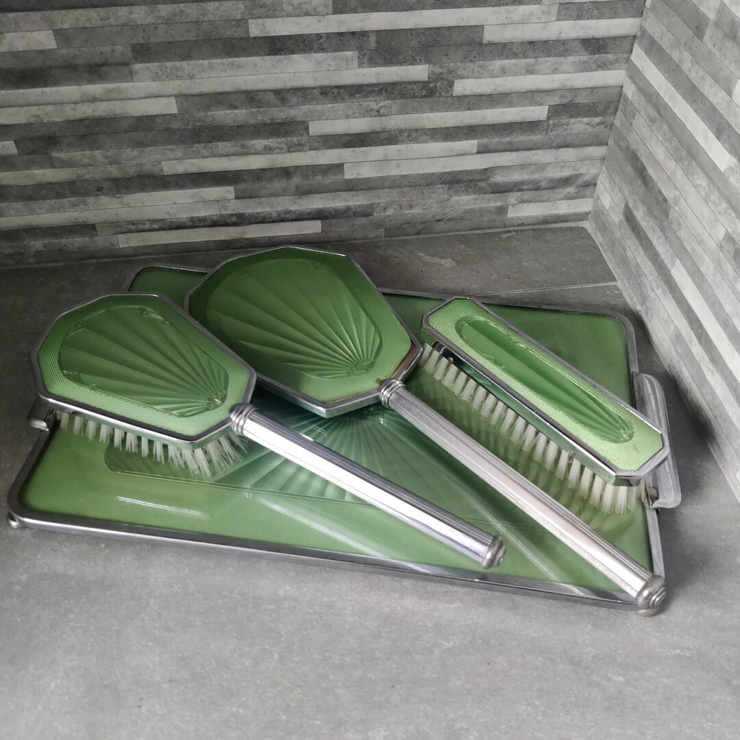 Vintage Green Faux Guilloche Dressing Table Set, Glass Tray, Dressing ...