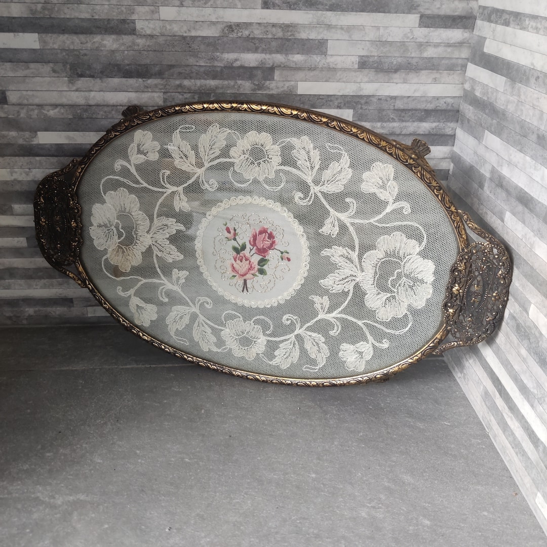 Vintage Lace Glass Tray, Dressing Table Tray, Petit Point, Embroidery ...