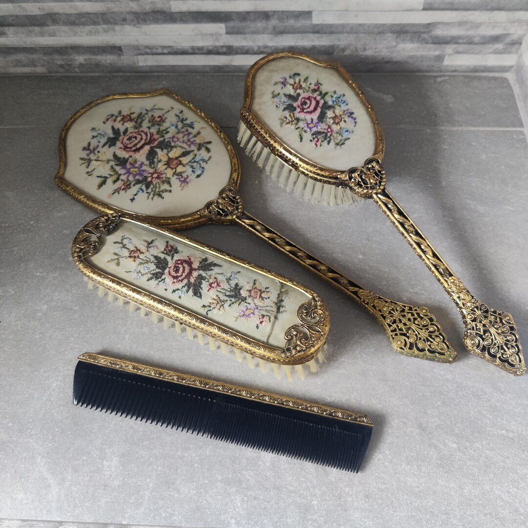 Pair of Embroidered Dressing Table Brushes, Hand Mirror and Comb - Etsy