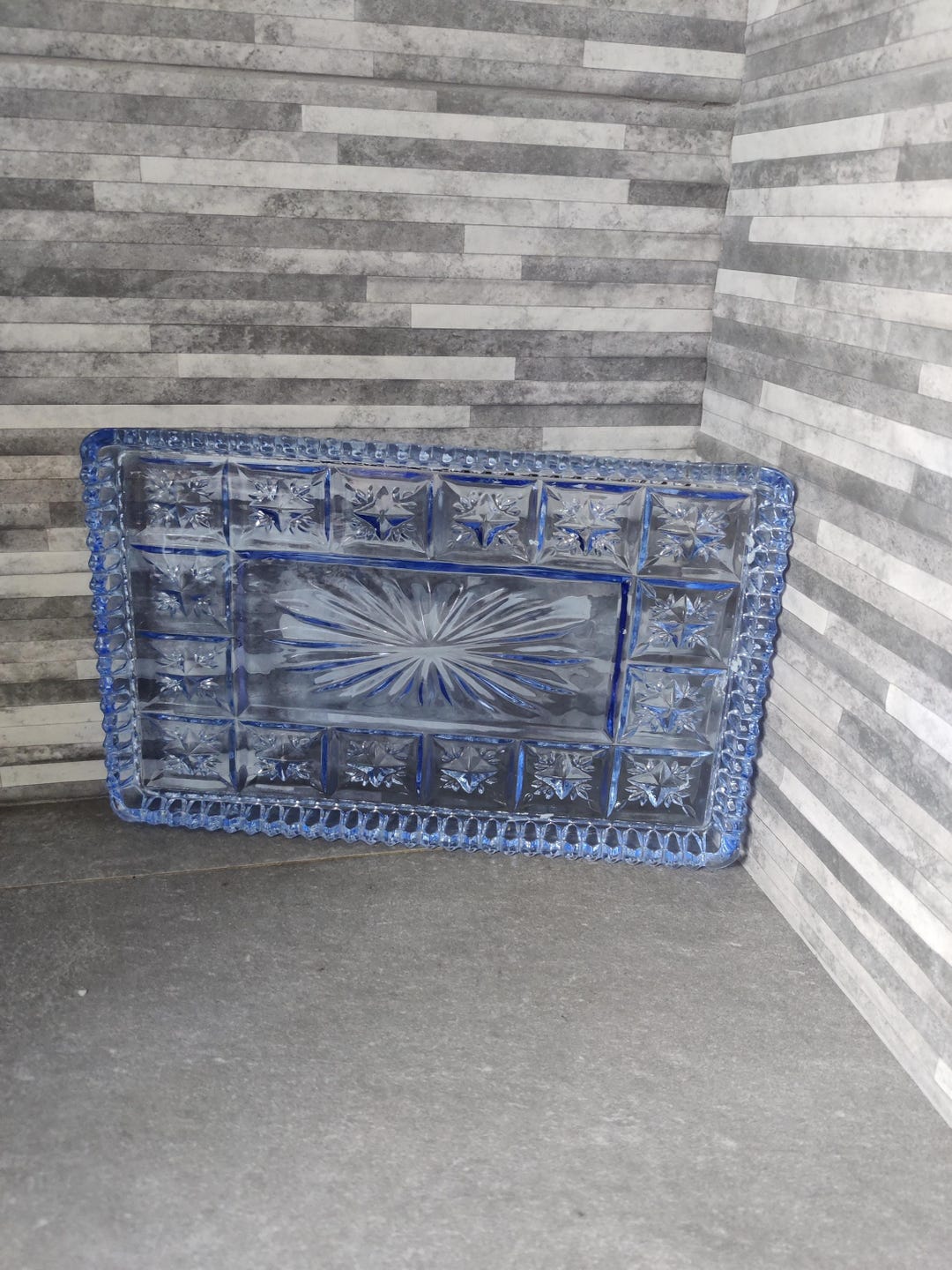Art Deco Blue Glass Tray, Dressing Table, Pressed Glass, Depression ...