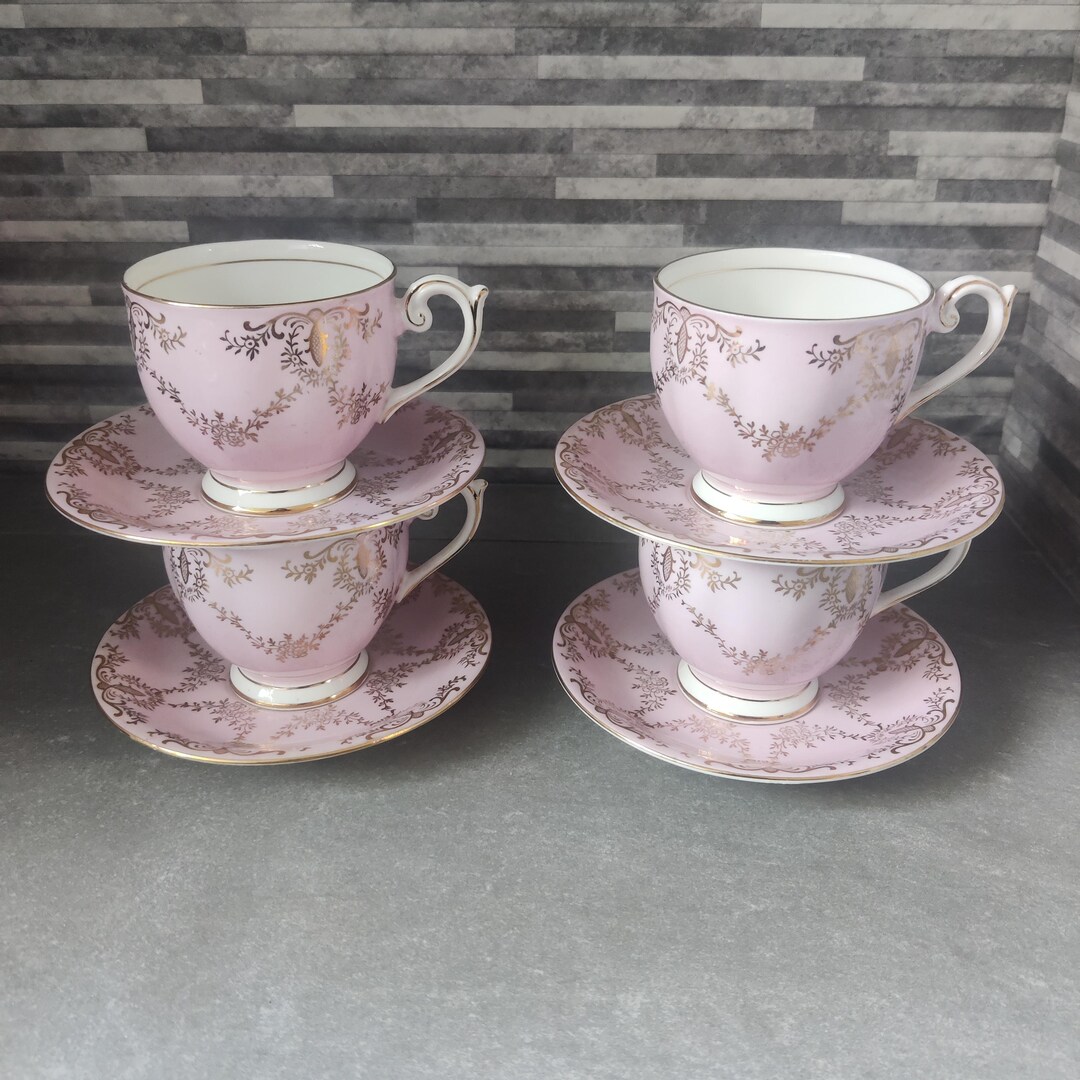 Set of 4 Queen Anne Pink and Gold Teacup and Saucer. - Etsy
