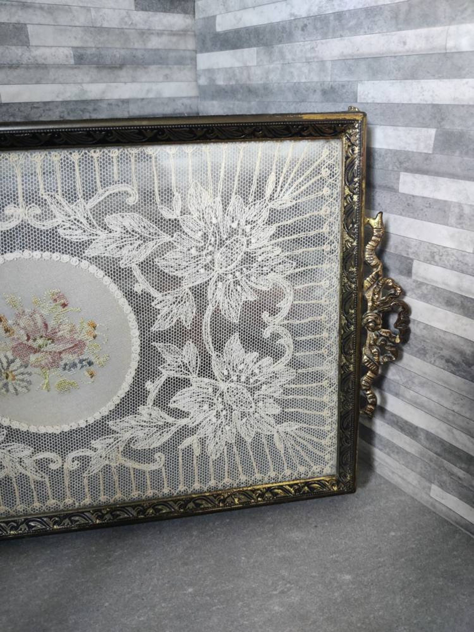 Vintage Lace Glass Tray Dressing Table Tray Petit Point - Etsy