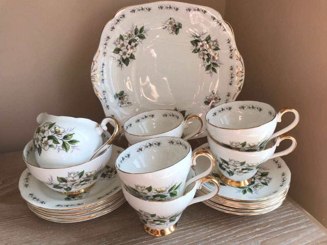 Adderley Simplicity White Flower Tea Set - Cake Plate, 6 X Teacup ...
