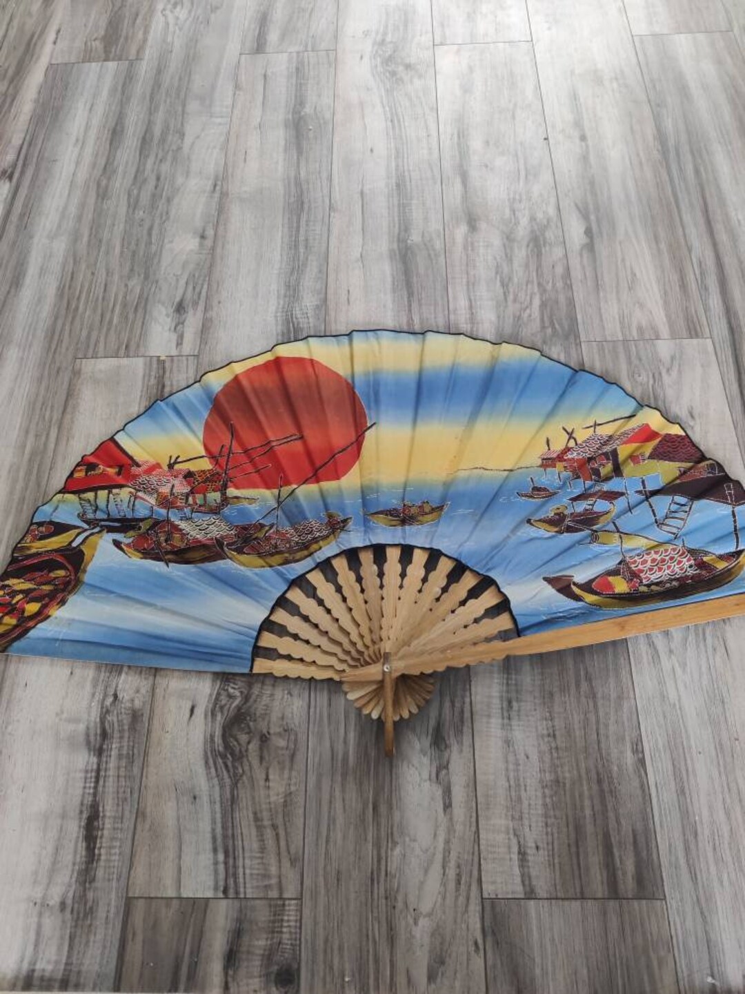 Large Wood and Fabric Wall Display Fan, Vintage Fan, Folding Fan - Etsy