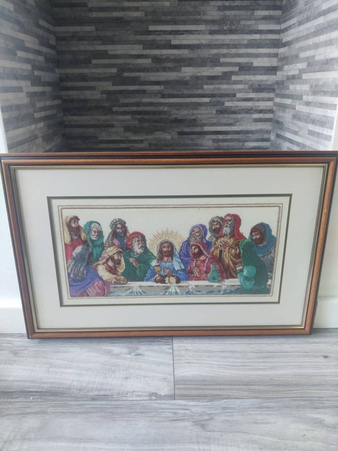 Framed Religious Last Supper Cross Stitch Sampler, Jesus, Disciples ...