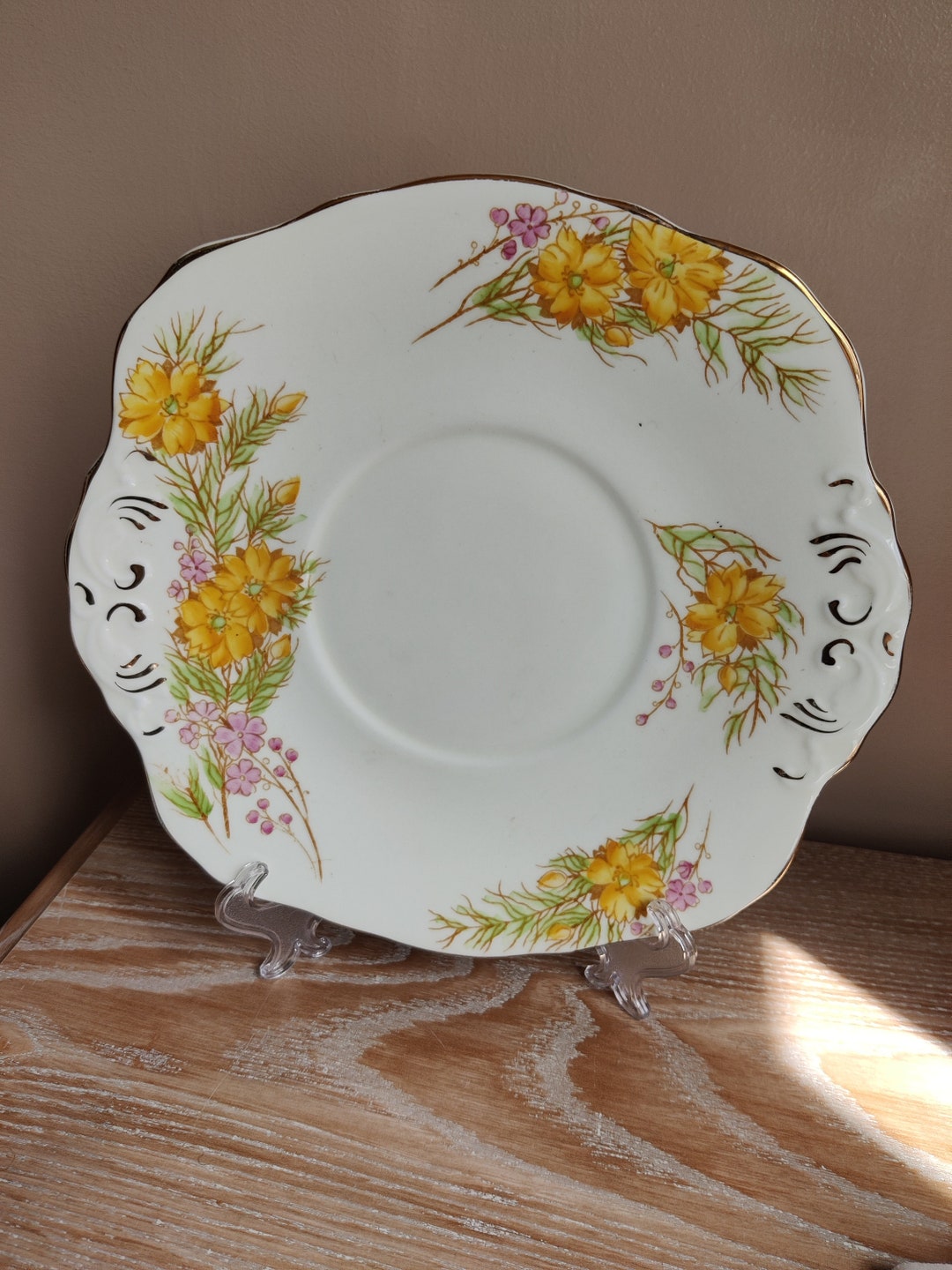 Sutherland China Cake Plate - 1960s Serving Plate, Yellow Flower ...