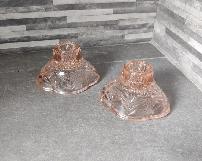Art Deco Blush Pink Glass Candlesticks, Dressing Table, Pressed Glass ...