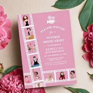 Pink Vintage Movie Party Invite, Classic Old Hollywood Movie Night ...